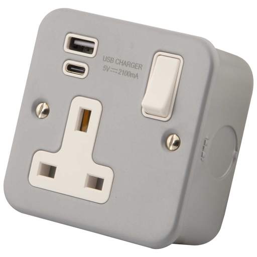 M2 Metal 13A 1 Gang Switched Socket with 1 x Type A and 1 x Type C USB ...