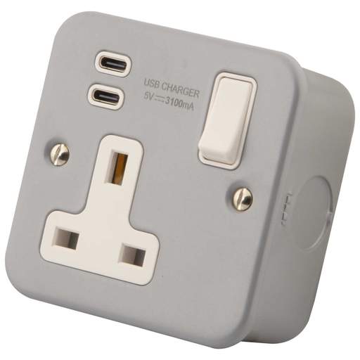 M2 Metal 13a 1 Gang Switched Socket With 2 X Type C Usb Outlets Metal