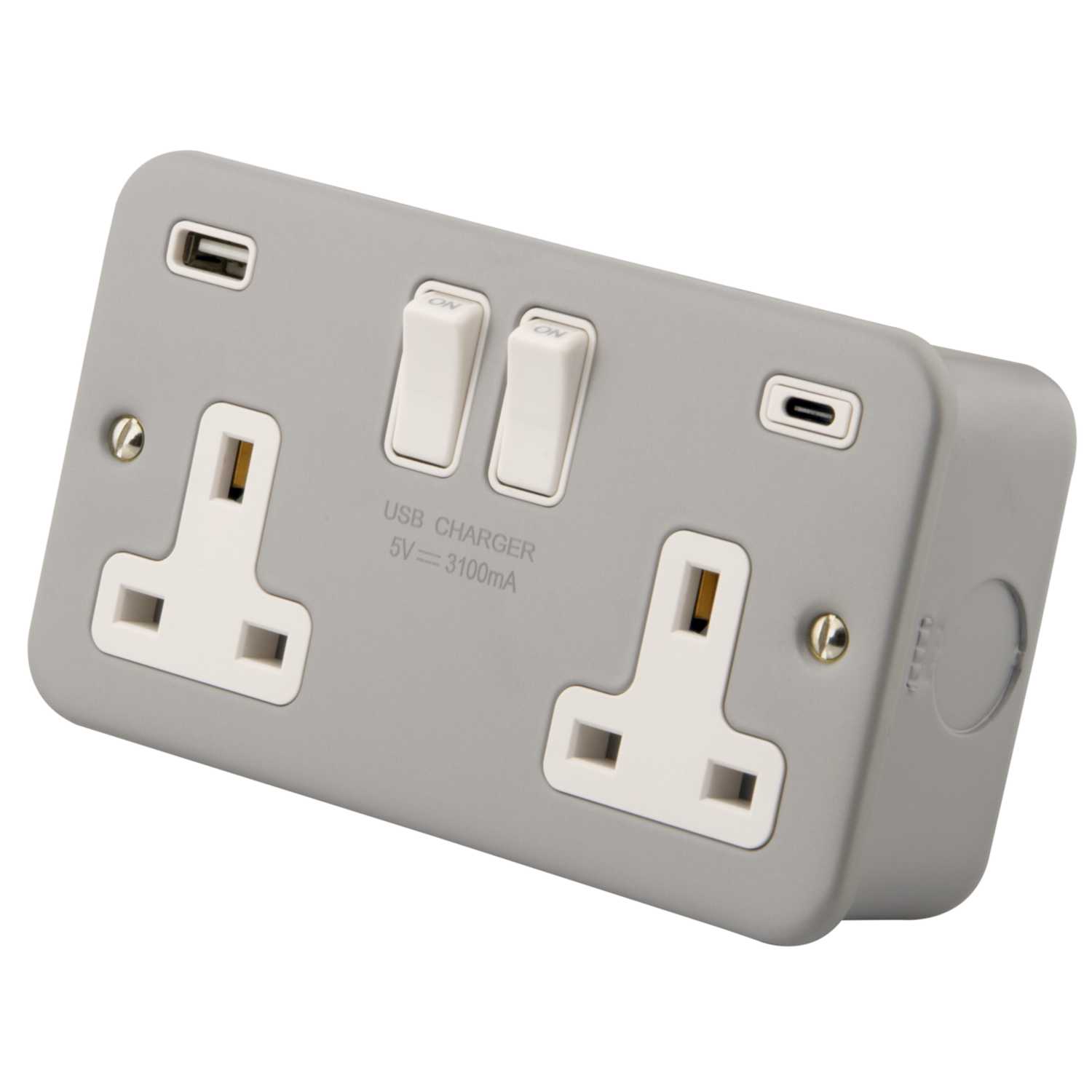 M2 Metal 13A 2 Gang Switched Socket with 1 x Type A and 1 x Type C USB ...
