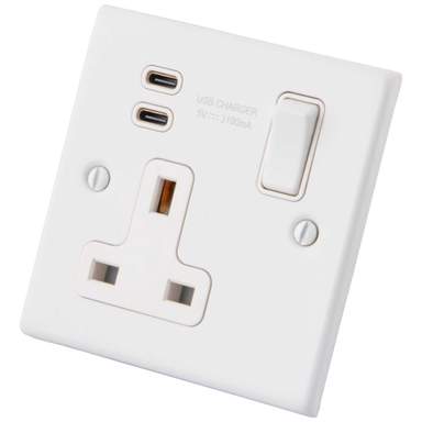 M2 Decorative 13A 1 Gang Switched Socket with 2 x Type C USB White ...