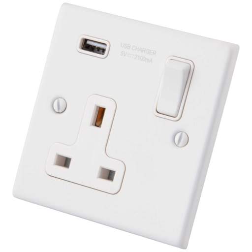 M2 Decorative 13A 1 Gang Switched Socket with USB Outlet White Insert ...