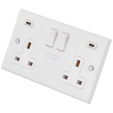 M2 Decorative 13A 2 Gang Switched Socket with 2 x Type C USB White ...