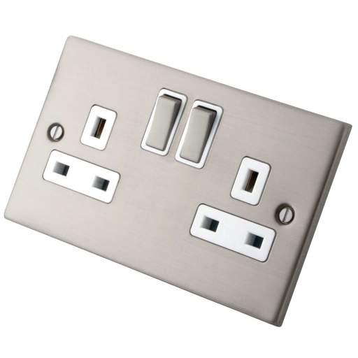 M2 Decorative 13A 2 Gang Switched Socket White Insert Brushed Stainless ...