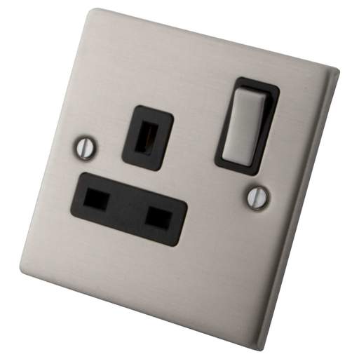 M2 Decorative 13A 1 Gang Switched Socket Black Insert Brushed Stainless ...