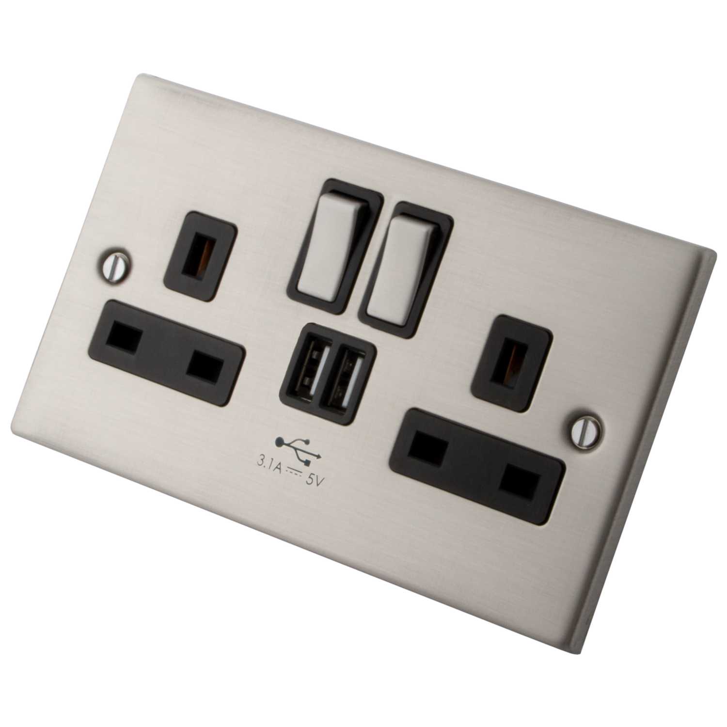 M2 Decorative 13A 2 Gang Switched Socket Twin USB Outlets Black Insert ...