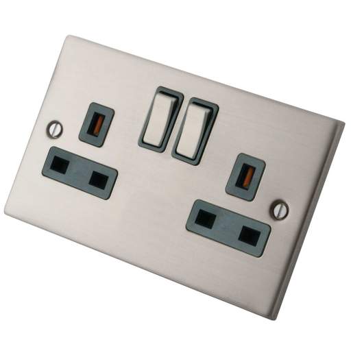 M2 Decorative 13A 2 Gang Switched Socket Grey Insert Brushed Stainless ...