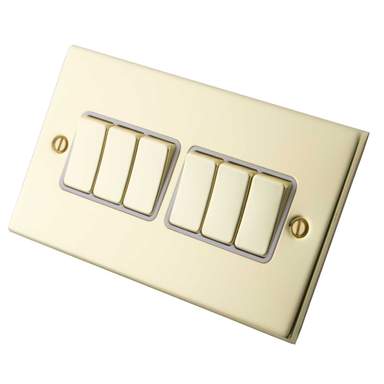 M2 Decorative 10A 6 Gang 2 Way Light Switch White Insert Polished Brass ...
