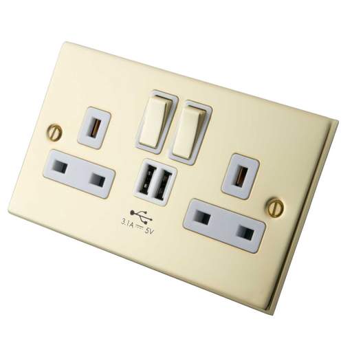 M2 Decorative 13A 2 Gang Switched Socket with Twin USB Outlets White ...