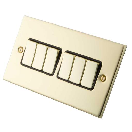 M2 Decorative 10A 6 Gang 2 Way Light Switch Black Insert Polished Brass ...
