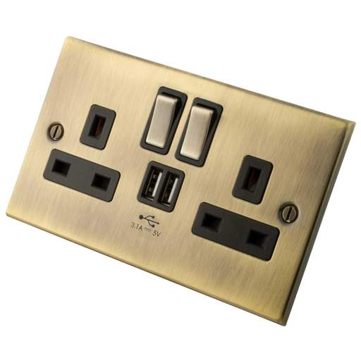 M2 Decorative 13A 2 Gang Switched Socket with Twin USB Outlets Black ...