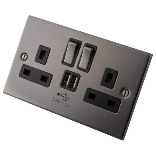 M2 Decorative 13A 2 Gang Switched Socket with Twin USB Outlets Black ...