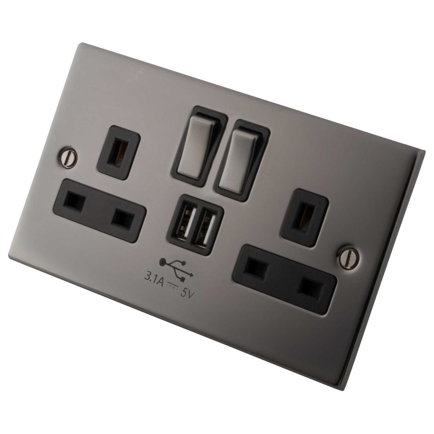 M2 Decorative 13A 2 Gang Switched Socket with Twin USB Outlets Black ...