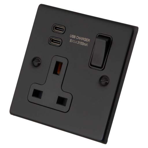 M2 Decorative 13A 1 Gang Switched Socket with 2 x Type C USB Black ...