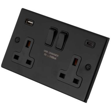 M2 Decorative 13A 2 Gang Socket 1 x Type A and 1 x Type C USB Black ...