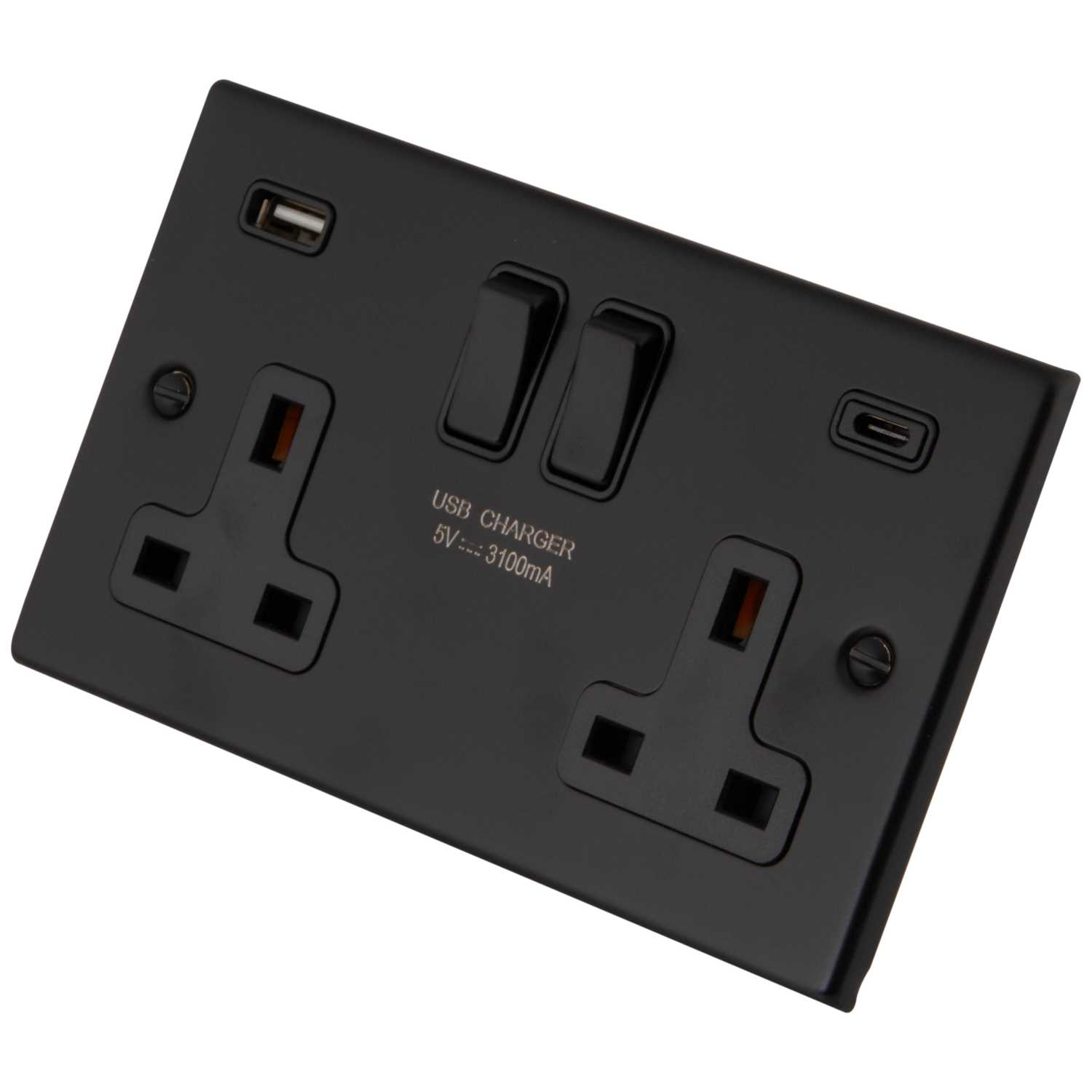 M2 Decorative 13A 2 Gang Socket 1 x Type A and 1 x Type C USB Black ...