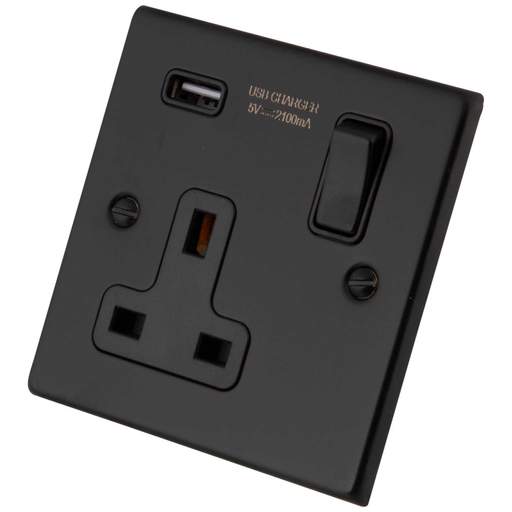 M2 Decorative 13A 1 Gang Switched Socket with USB Outlet Black Insert ...