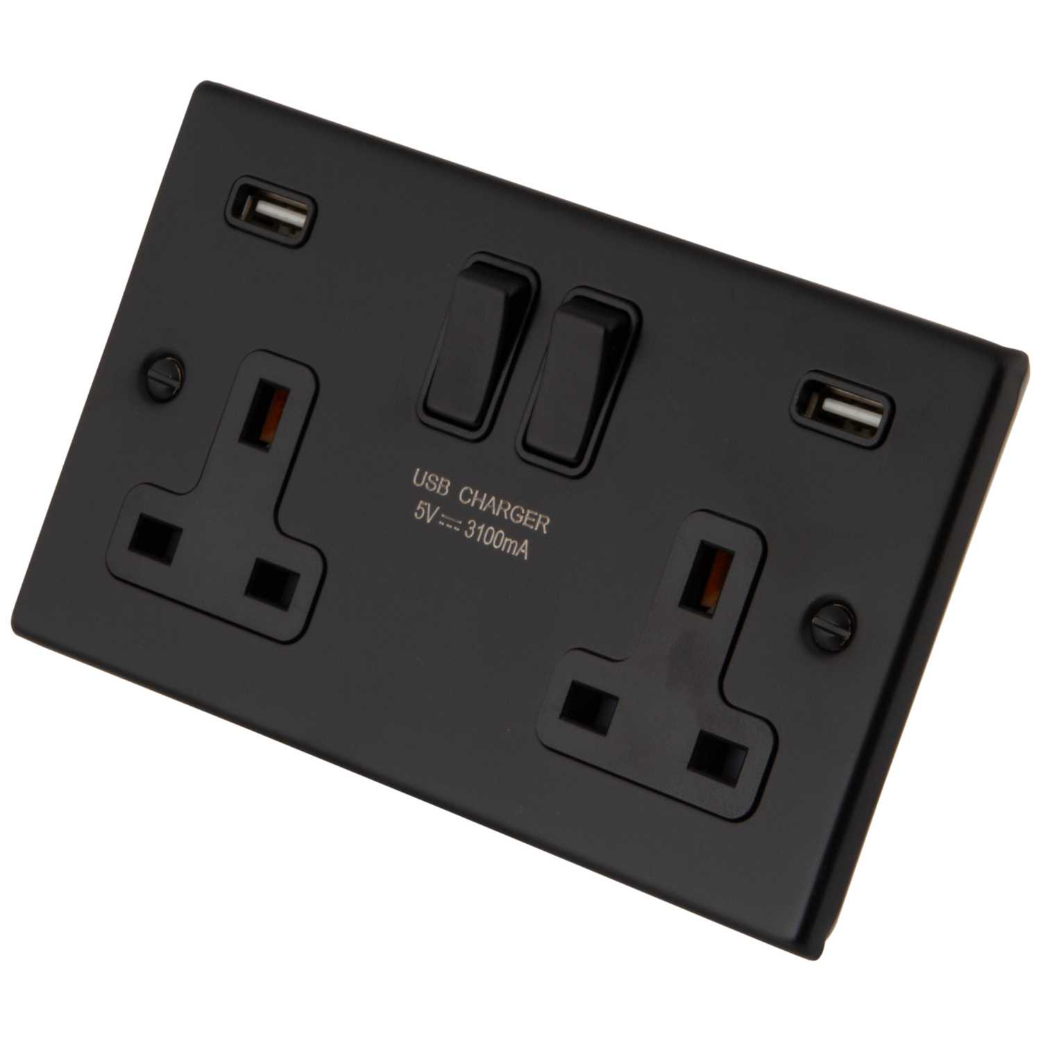 M2 Decorative 13A 2 Gang Switched Socket Twin USB Outlets Black Insert ...