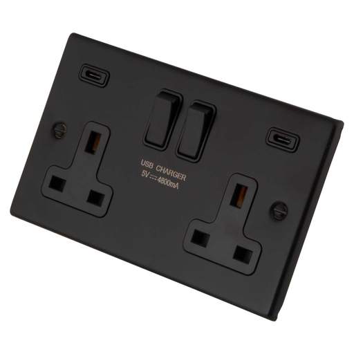 M2 Decorative 13A 2 Gang Switched Socket with 2 x Type C USB Black ...