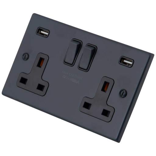 M2 Decorative 13A 2 Gang Switched Socket Twin USB Black Insert Granite ...