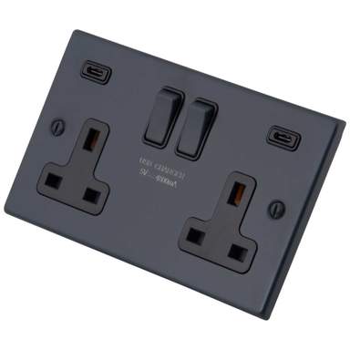 M2 Decorative 13A 2 Gang Switched Socket with 2 x Type C USB Black ...