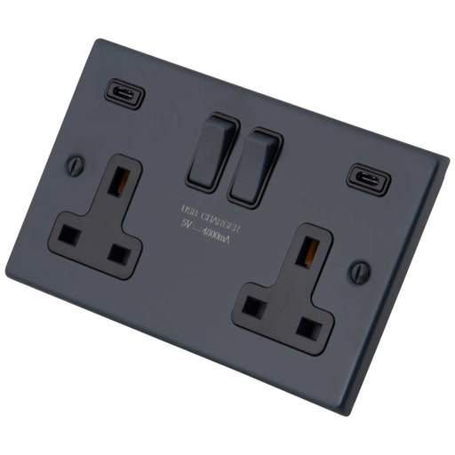 M2 Decorative 13A 2 Gang Switched Socket with 2 x Type C USB Black ...