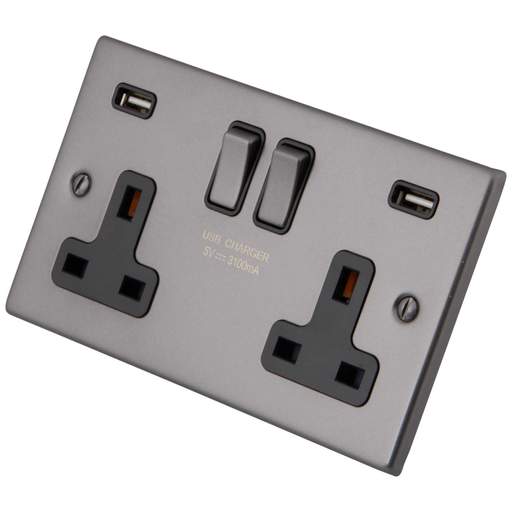 M2 Decorative 13A 2 Gang Switched Socket Twin USB Black Insert Gunmetal ...
