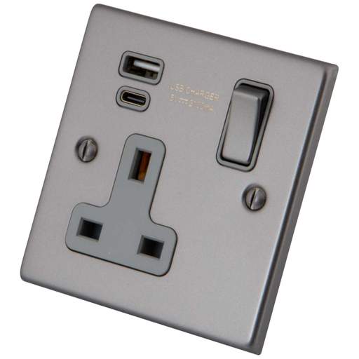 M2 Decorative 13A 1 Gang Socket with 1 x Type A 1 x Type C USB Grey ...