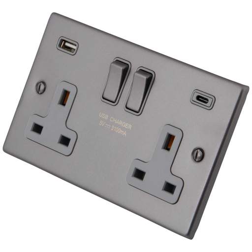 M2 Decorative 13A 2 Gang Socket with 1 x Type A and 1 x Type C USB Grey ...