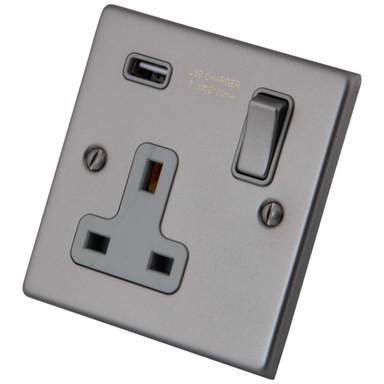 M2 Decorative 13A 1 Gang Switched Socket with USB Outlet Grey Insert ...
