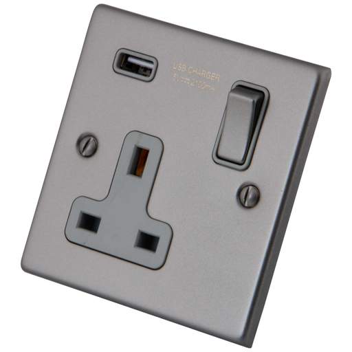 M2 Decorative 13A 1 Gang Switched Socket with USB Outlet Grey Insert ...