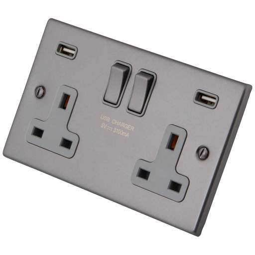 M2 Decorative 13A 2 Gang Switched Socket Twin USB Grey Insert Gunmetal ...