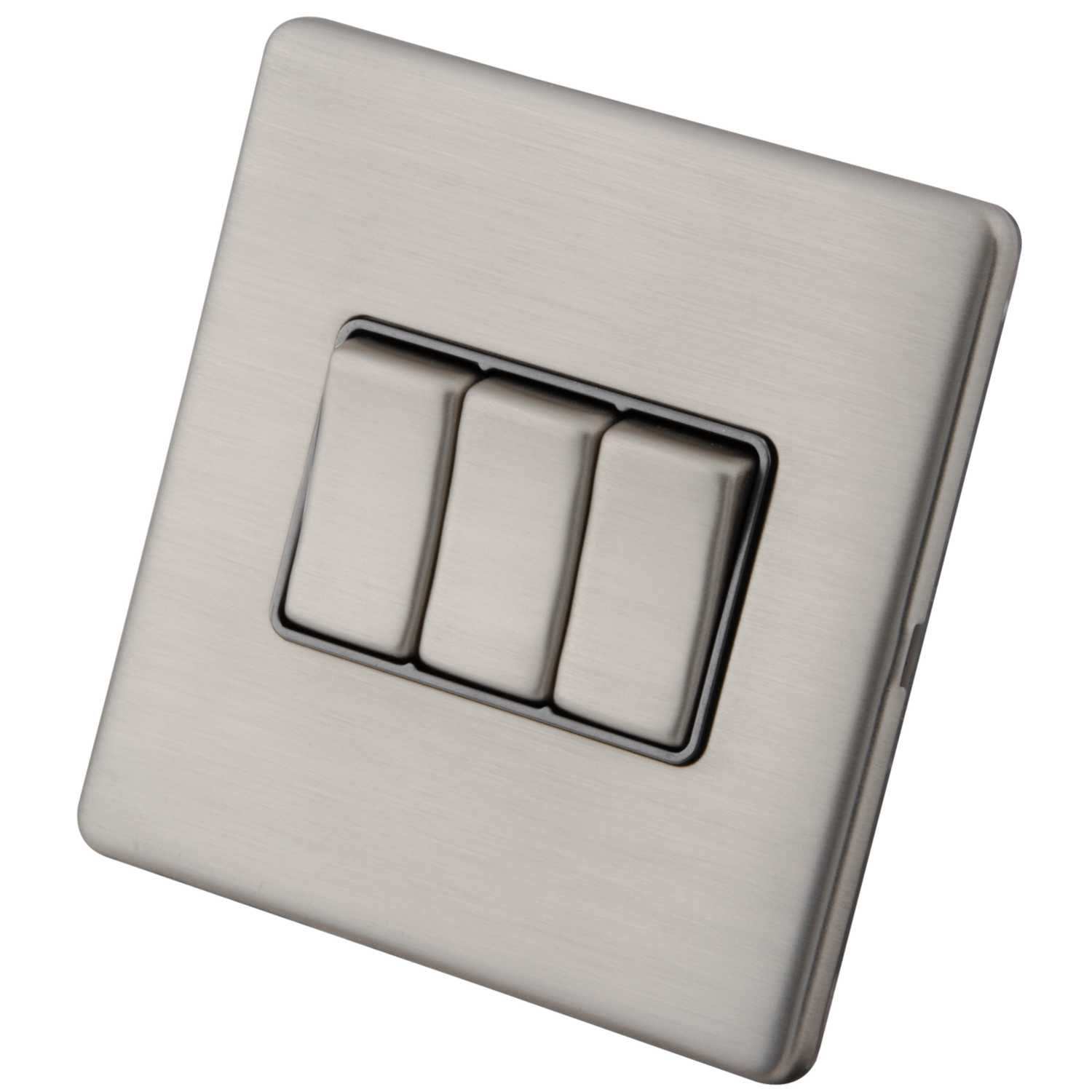 M2 Decorative Screwless 10A 3 Gang 2 Way Light Switch Grey Insert Brushed Stainless Steel (6533 ...