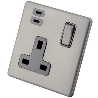 M2 Decorative Screwless 13A 1 Gang Switched Socket 2 x Type C USB Grey ...