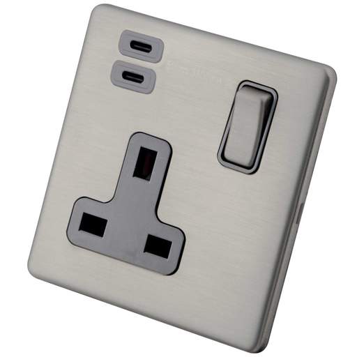 M2 Decorative Screwless 13A 1 Gang Switched Socket 2 x Type C USB Grey ...