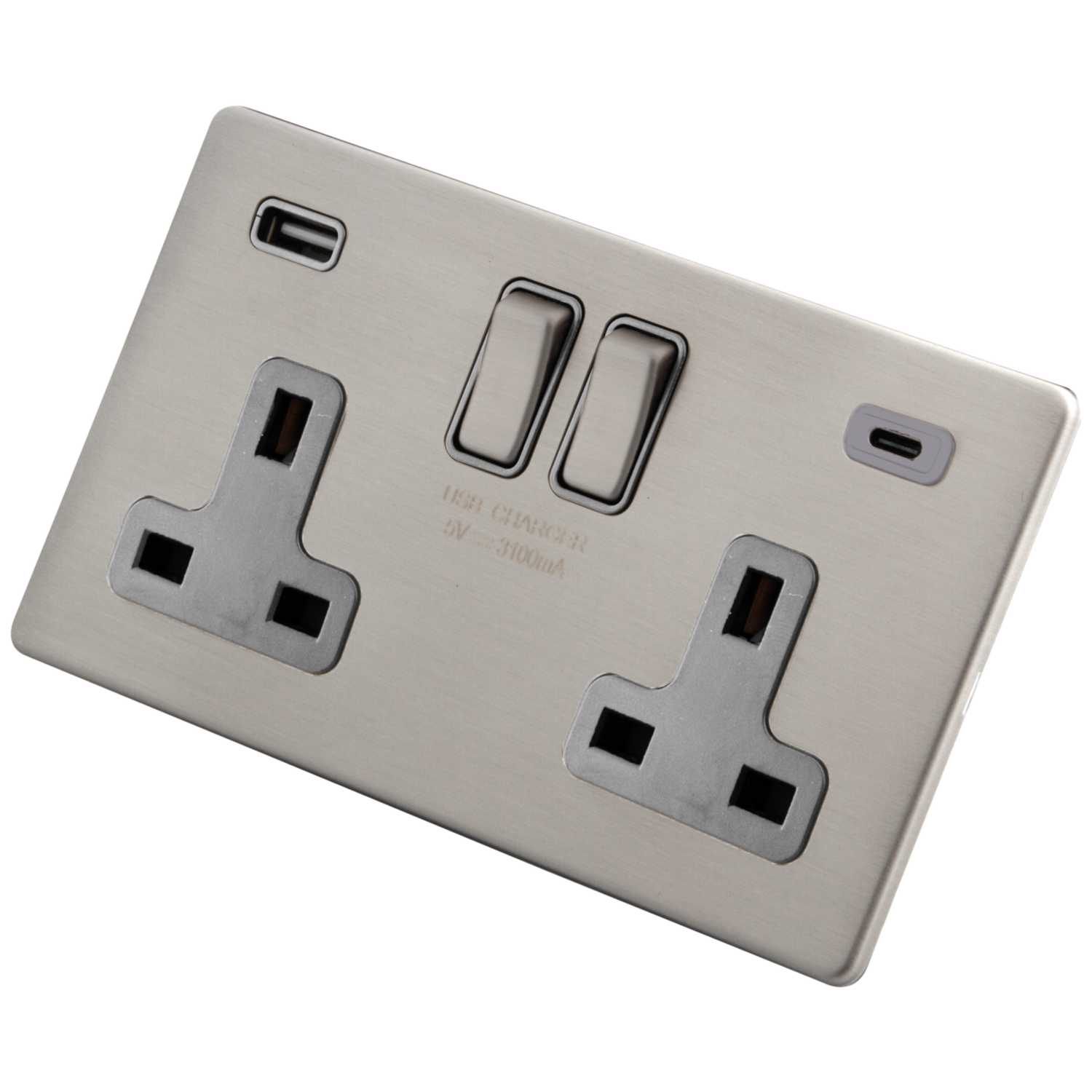 M2 Decorative Screwless 13A 2 Gang Socket Type A and Type C USB Grey ...