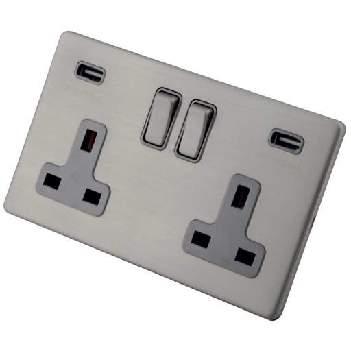 M2 Decorative Screwless 13A 2 Gang Switched Socket with USB Grey Insert ...