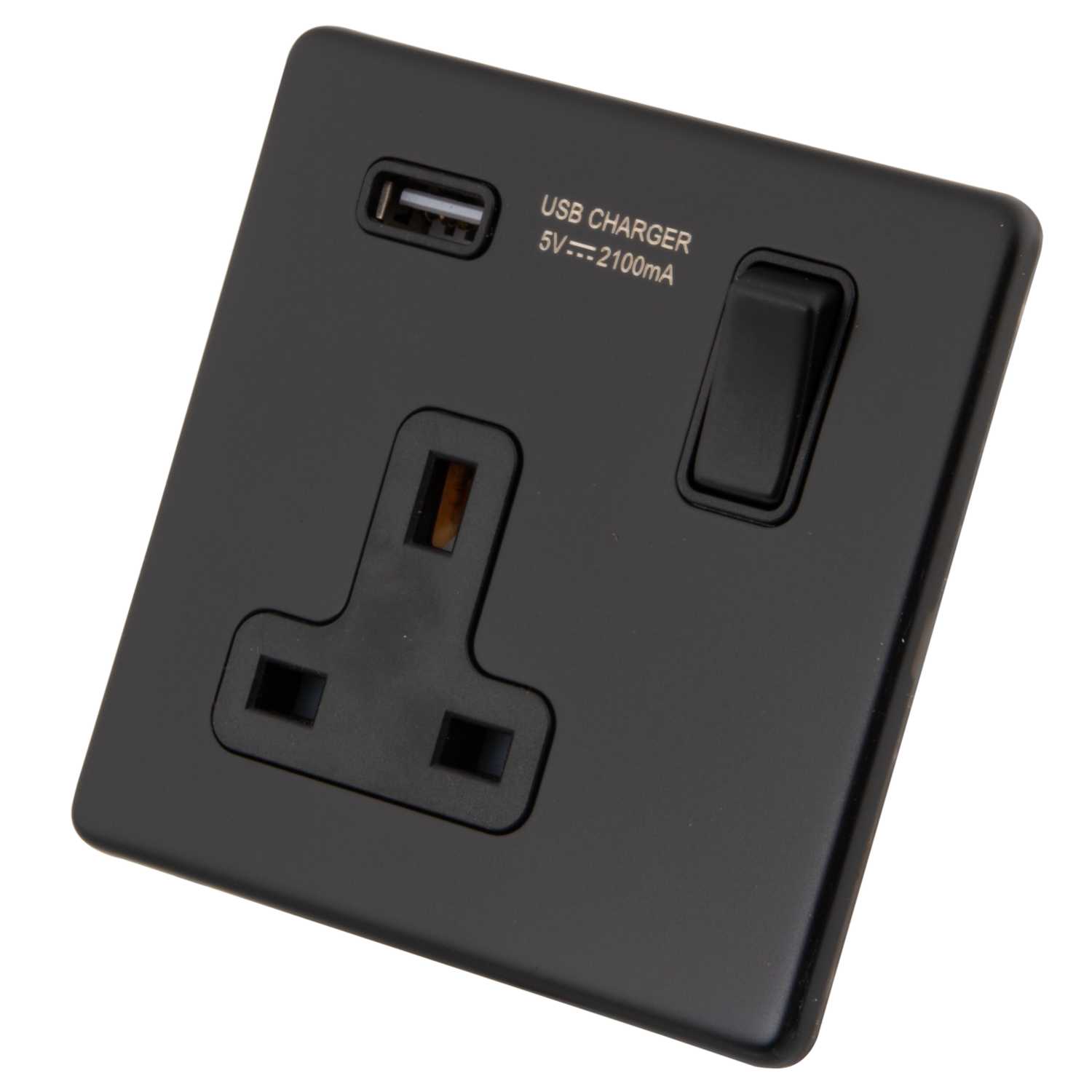 M2 Decorative Screwless 13A 1 Gang Switched Socket with 2.1A USB Black ...