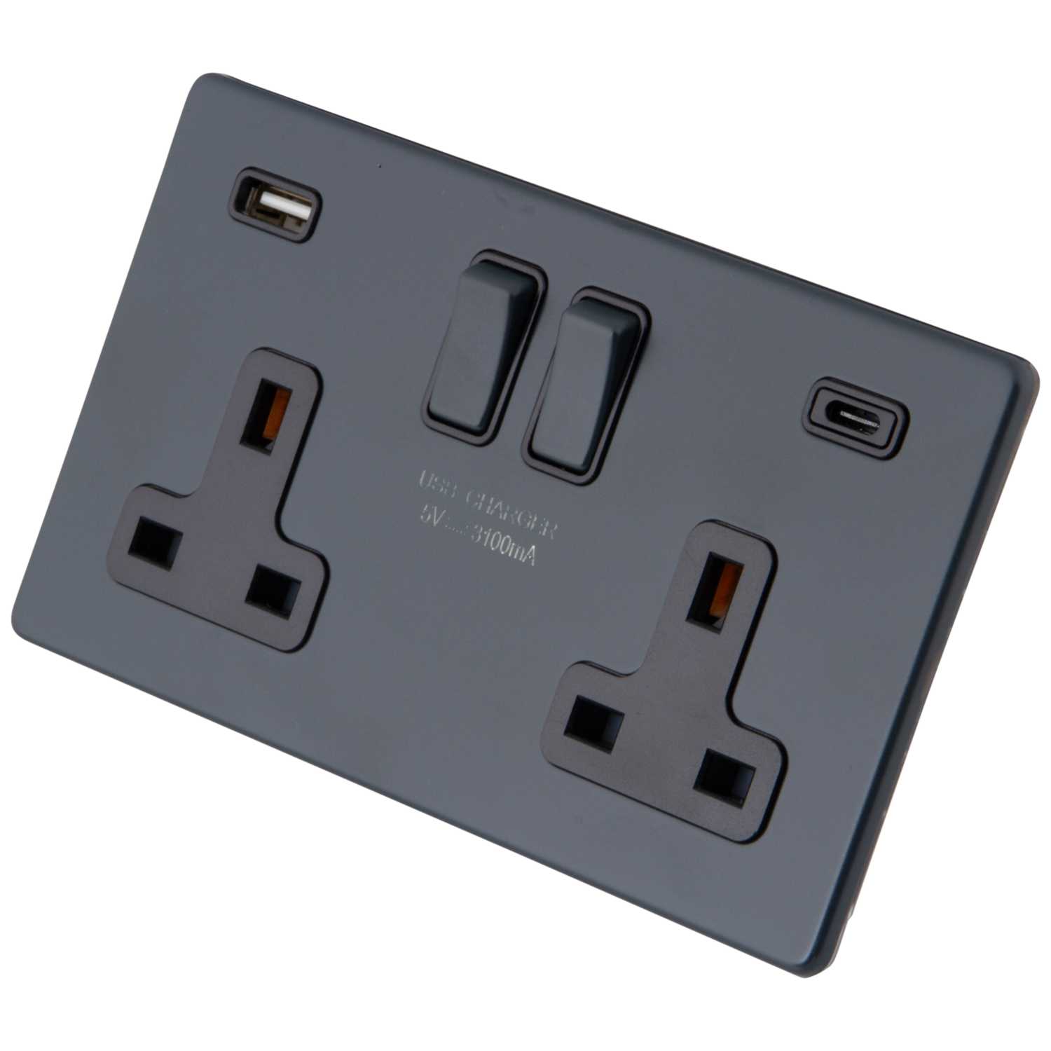 M2 Decorative Screwless 13A 2 Gang Socket 3.1A with 1 x Type A 1 x Type ...