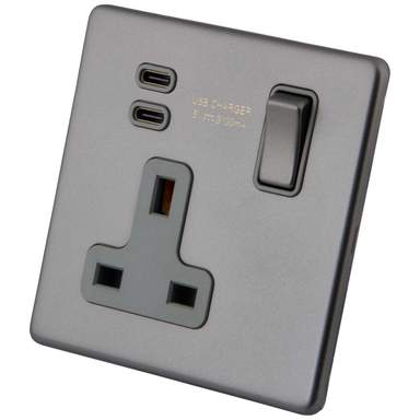 M2 Decorative Screwless 13A 1 Gang Switched Socket 2 x Type C USB Grey ...