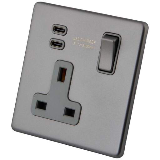 M2 Decorative Screwless 13A 1 Gang Switched Socket 2 x Type C USB Grey ...