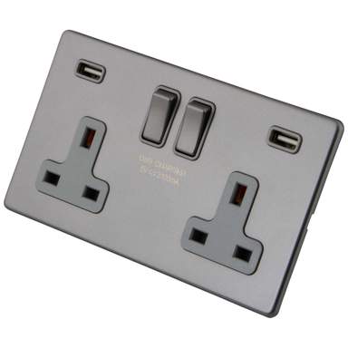 M2 Decorative Screwless 13A 2 Gang Switched Socket Twin USB Grey Insert ...
