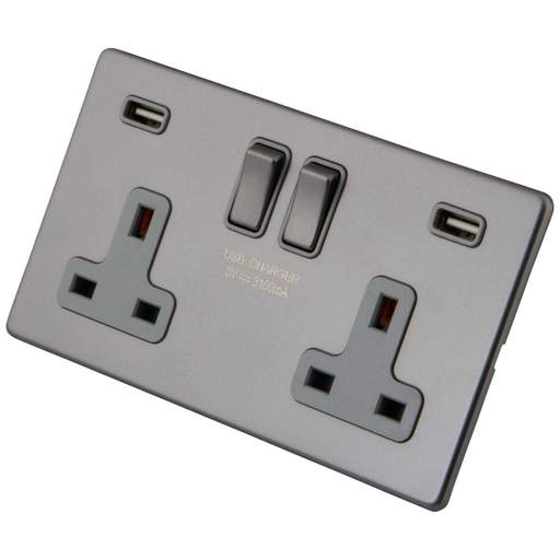 M2 Decorative Screwless 13A 2 Gang Switched Socket Twin USB Grey Insert ...