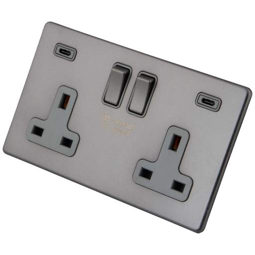 M2 Decorative Screwless 13A 2 Gang Switched Socket 2 x Type C USB Grey ...
