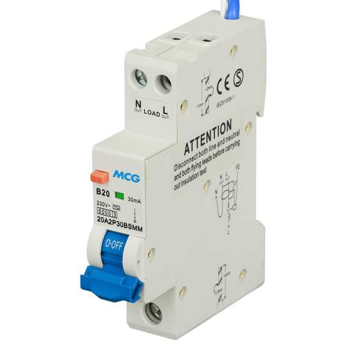 MCG 20A Double Pole 1 Module B Curve 6kA 30mA Type AC Mini RCBO (20A2P30BSMM) | CEF