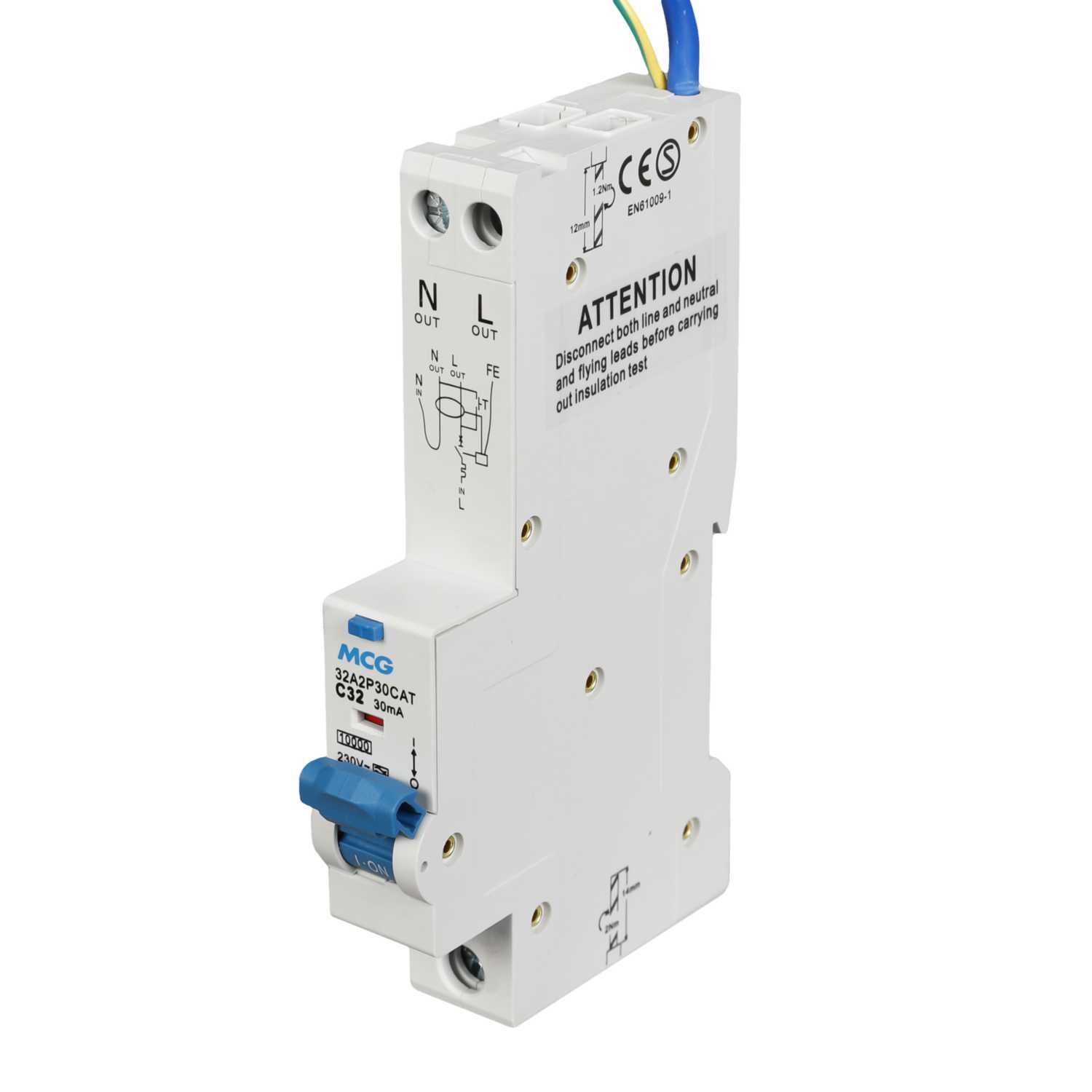 MCG 32A Single Pole and Neutral 1 Module C Curve 10kA 30mA Type A RCBO (32A2P30CAT) | CEF