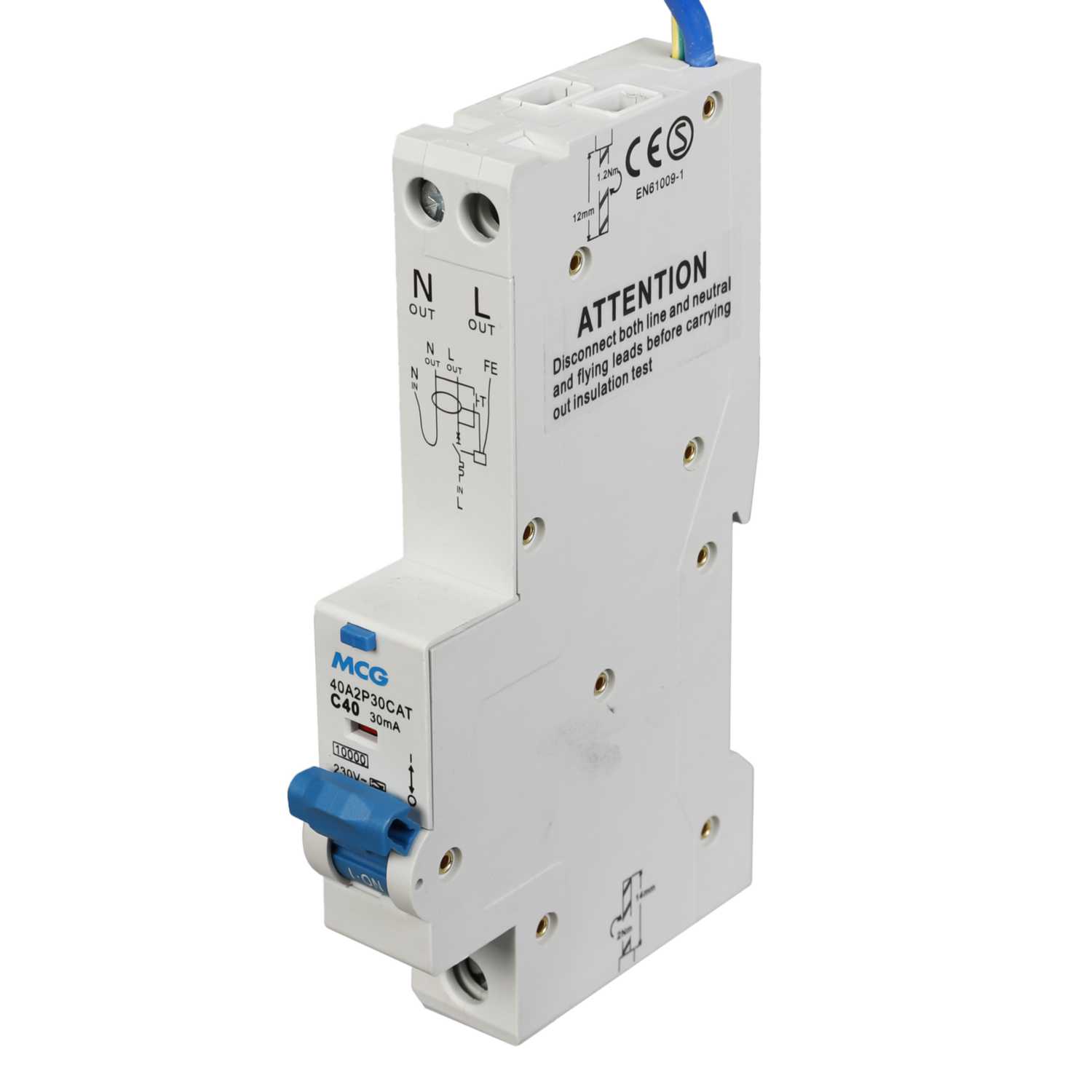 MCG 40A Single Pole and Neutral 1 Module C Curve 10kA 30mA Type A RCBO (40A2P30CAT) | CEF