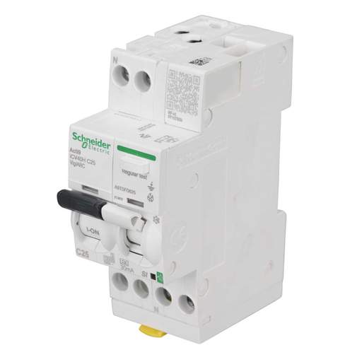 Schneider Acti9 25A 1P+N 2 Module C Curve 10kA 30mA Type A AFDD Combined RCBO (A9TDFD625) | CEF