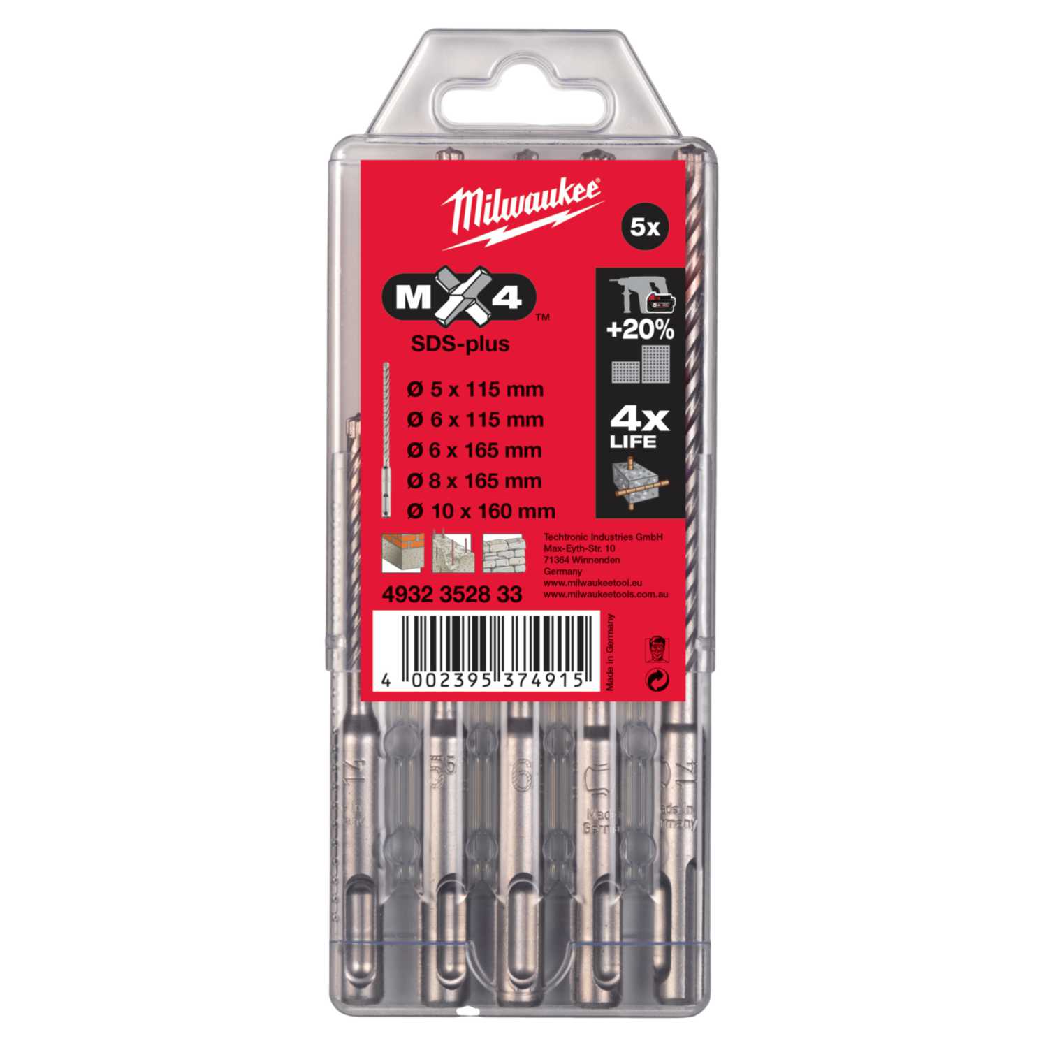 Milwaukee 5 Piece SDS+ MX4 Drill Bit Set (4932352833) | CEF