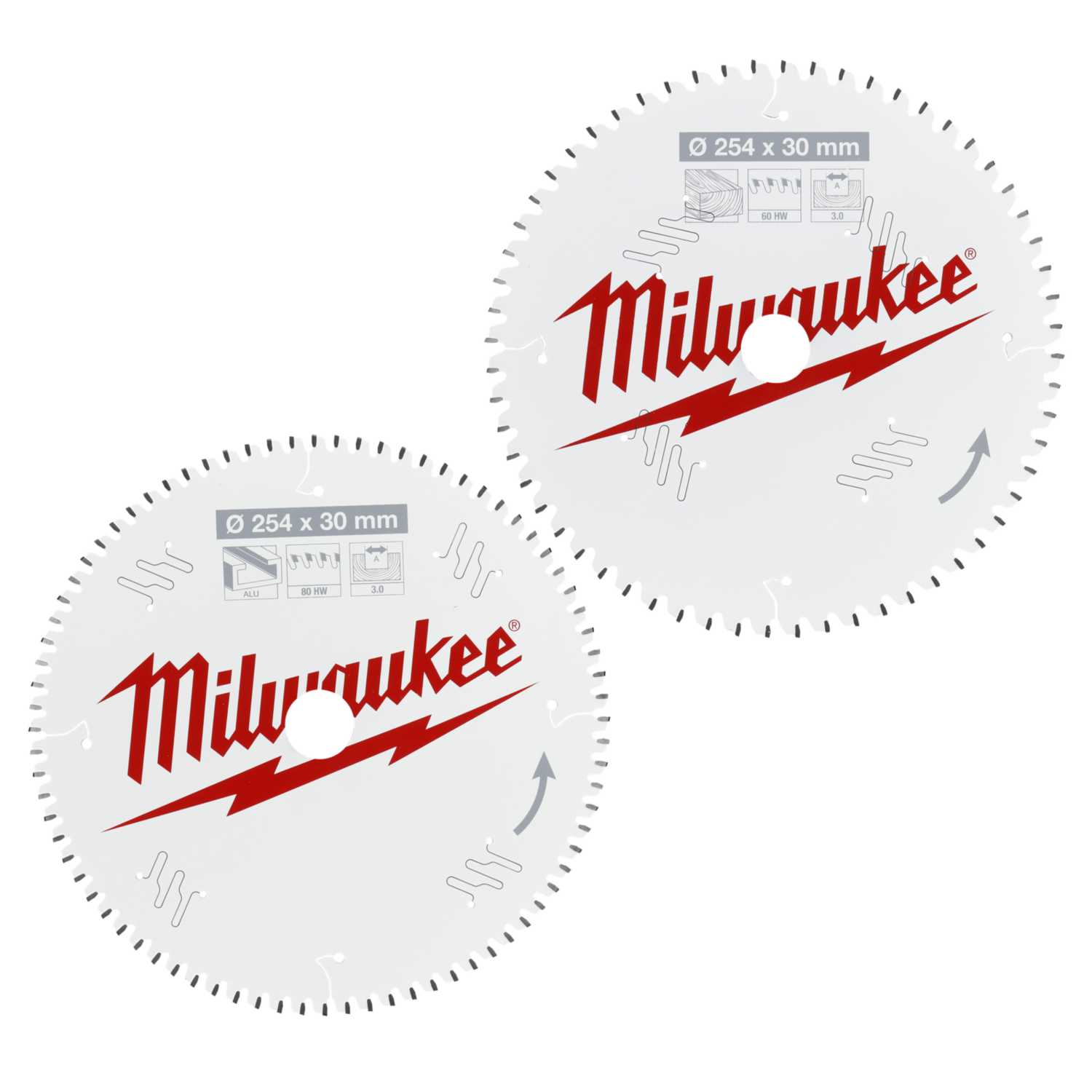 Milwaukee 254mm Wood Mitre Saw Blade 60T/80T (Pack of 2) (4932479576) | CEF
