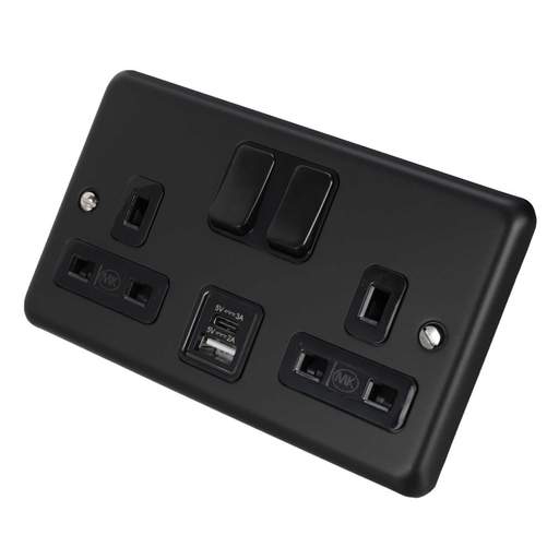 MK Albany Plus 2 Gang Switched Socket with Type A / Type C Matt Black ...
